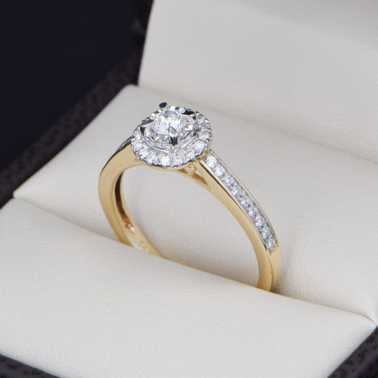 Anillo de Compromiso Halo Oro Amarillo 14k con Diamante Natural 0.38CT ...