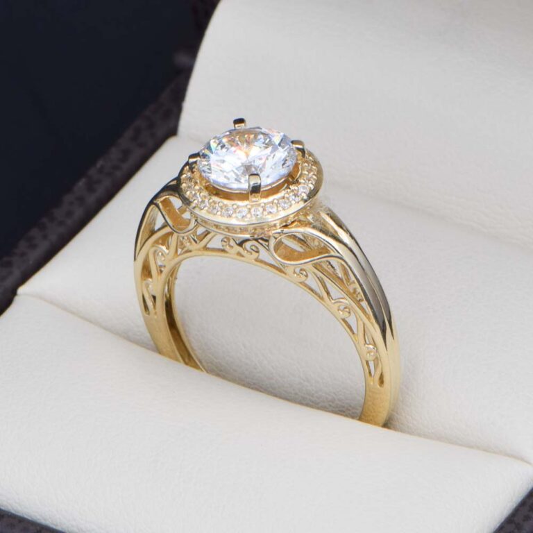 Anillo de compromiso Halo de Oro 14k con zirconias | Joyería Alahas